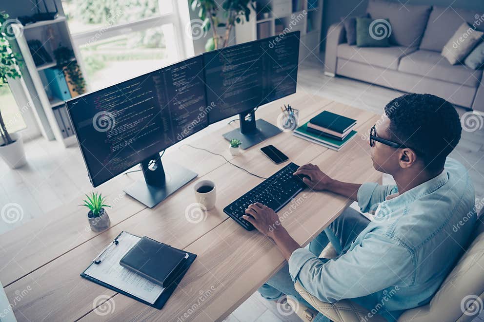Side View Photo of Young Representative Web Designer Man Working on New ...