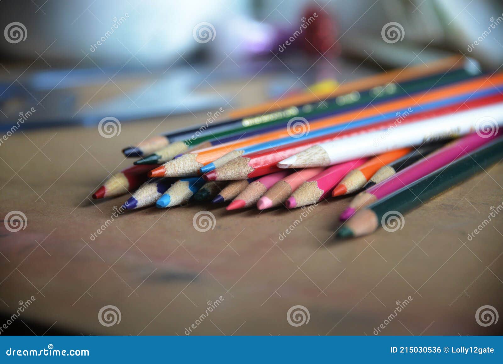 Side View of Pile of Sharpened Colored Pencils on a Work Surface. Stock ...