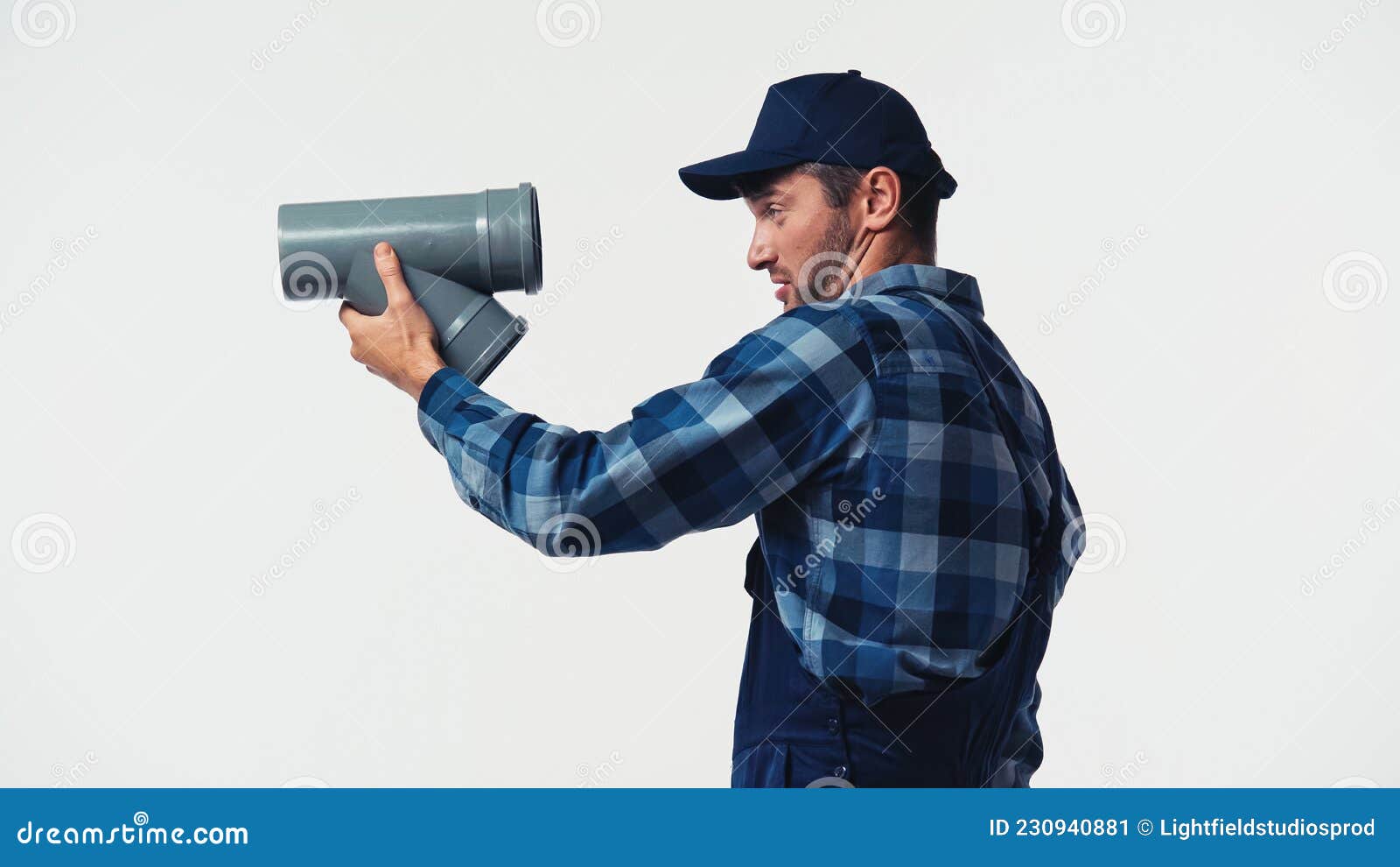 Side View of Plumber Looking at Stock Image - Image of overalls, pipe ...