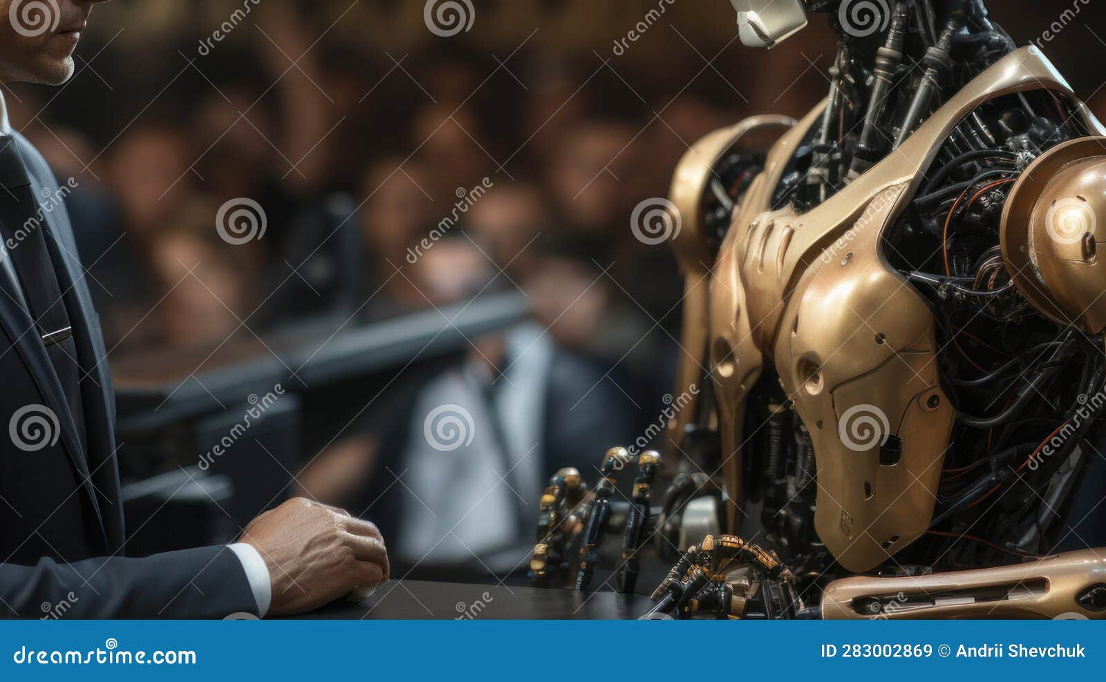 Side View of Politics Man in a Suit and a Robot Debate on Stage ...
