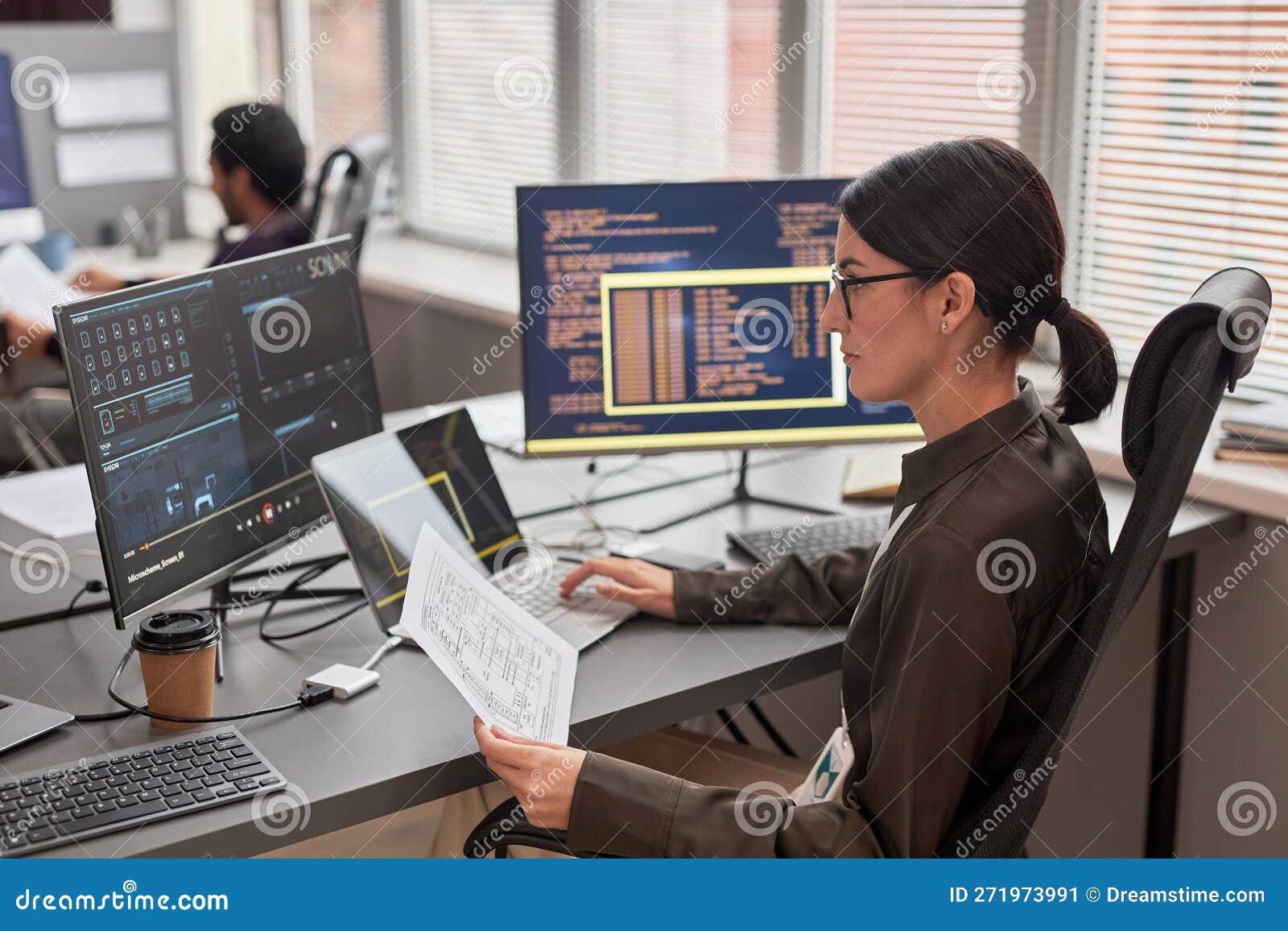 Female Data Engineer Working with Computers at Desk in it Company ...