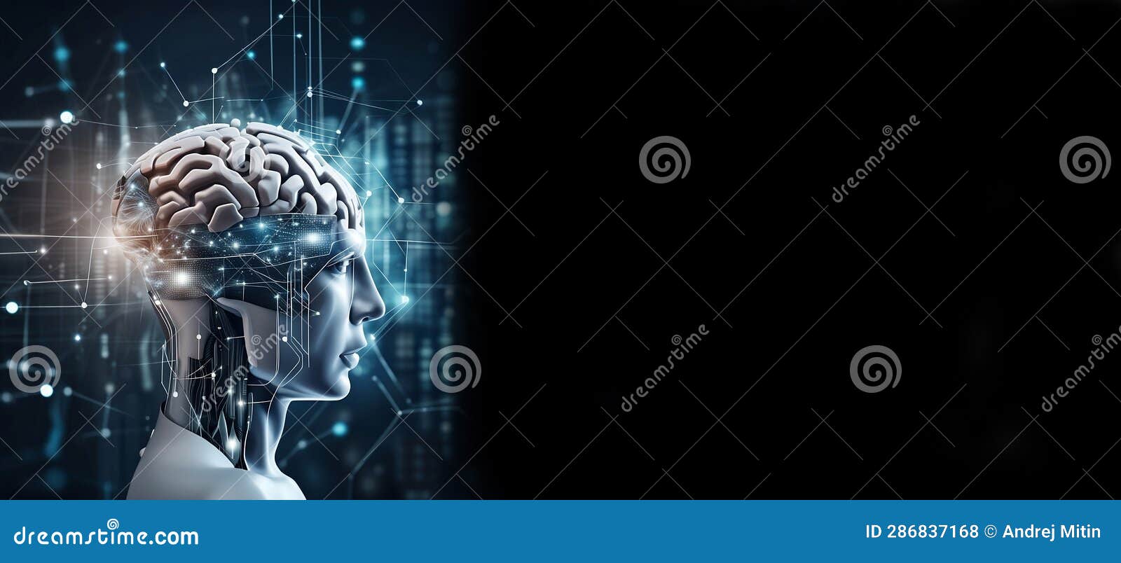 Side View Portrait of Robot Head on Technologic Black Background ...