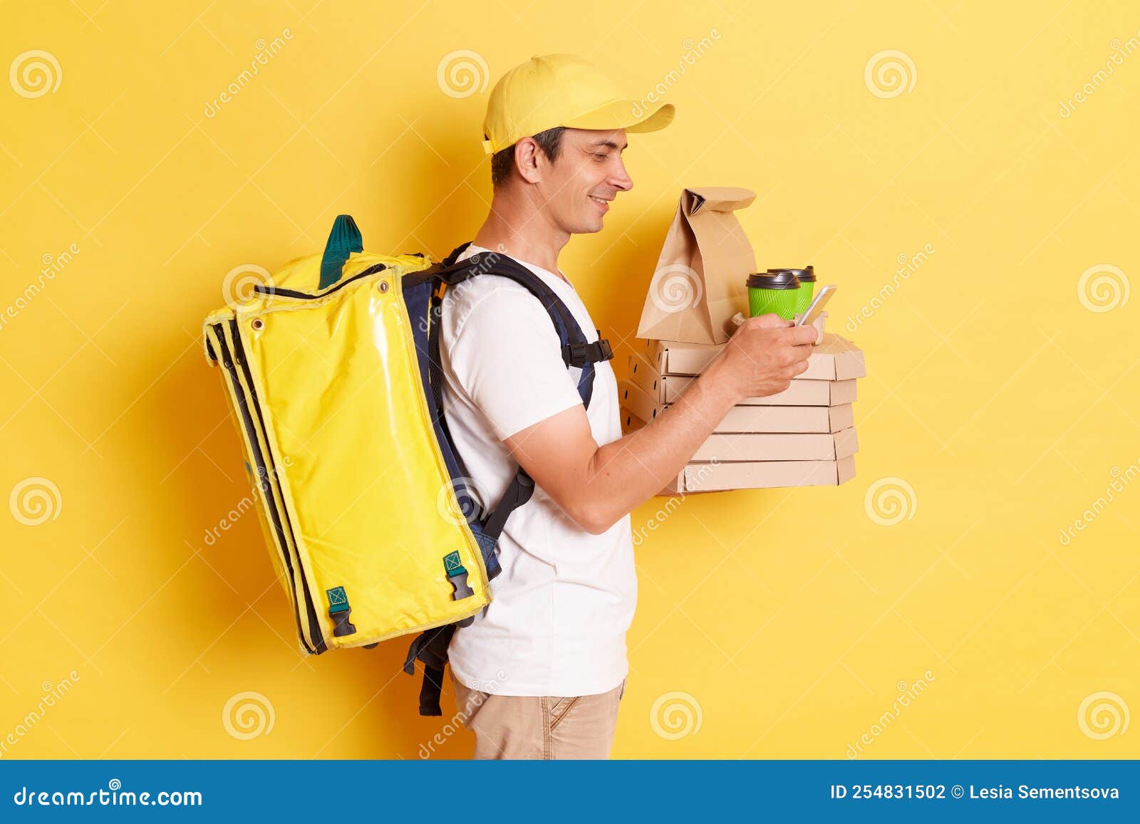 Side View Portrait of Smiling Courier Man Carrying Parcel with Pizza ...