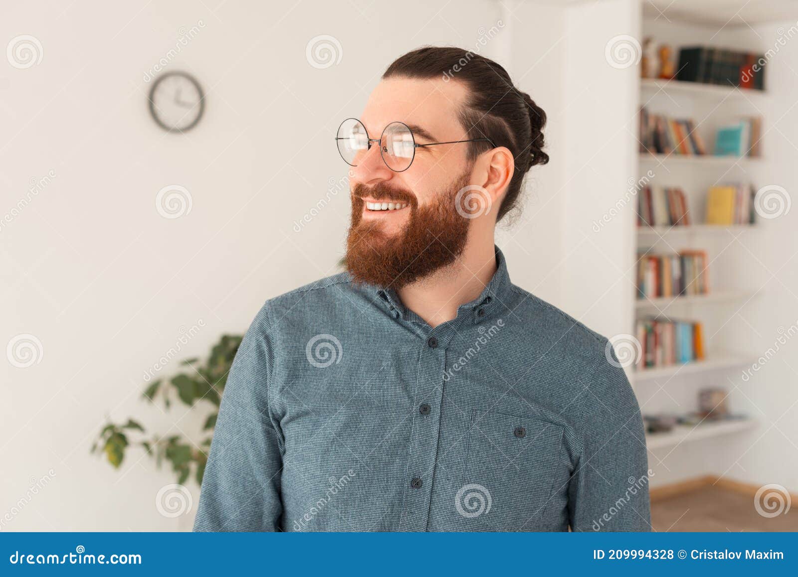 Side View Portrait of Smiling Office Worker in Shirt Stock Photo ...