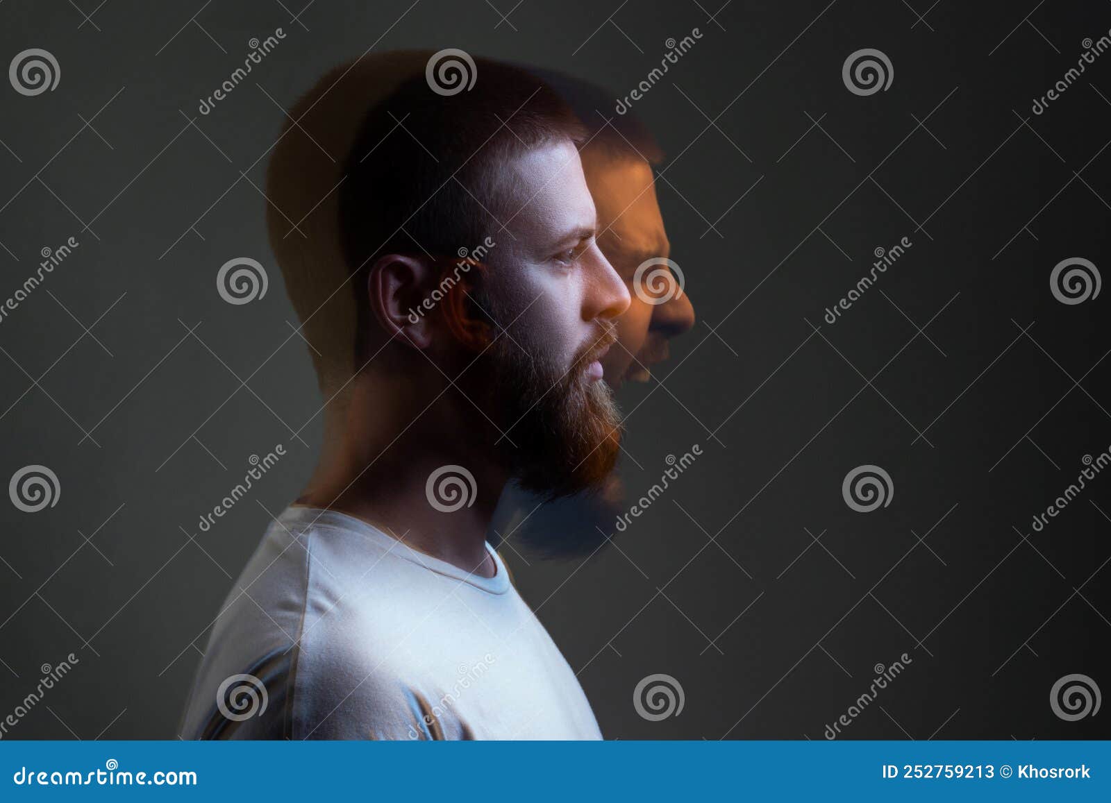 Side View Portrait of Two-faced Man in Calm Serious and Angry Screaming ...