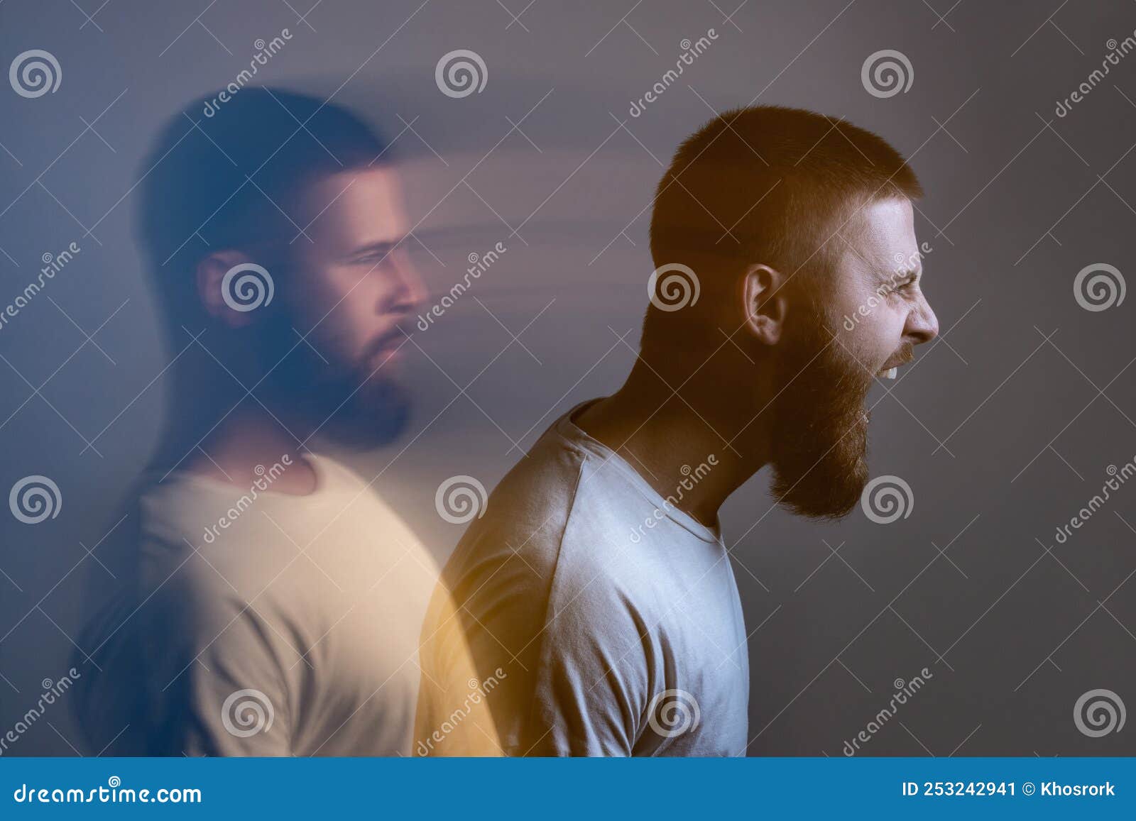 Side View Portrait of Two-faced Man in Calm Serious and Angry Screaming ...