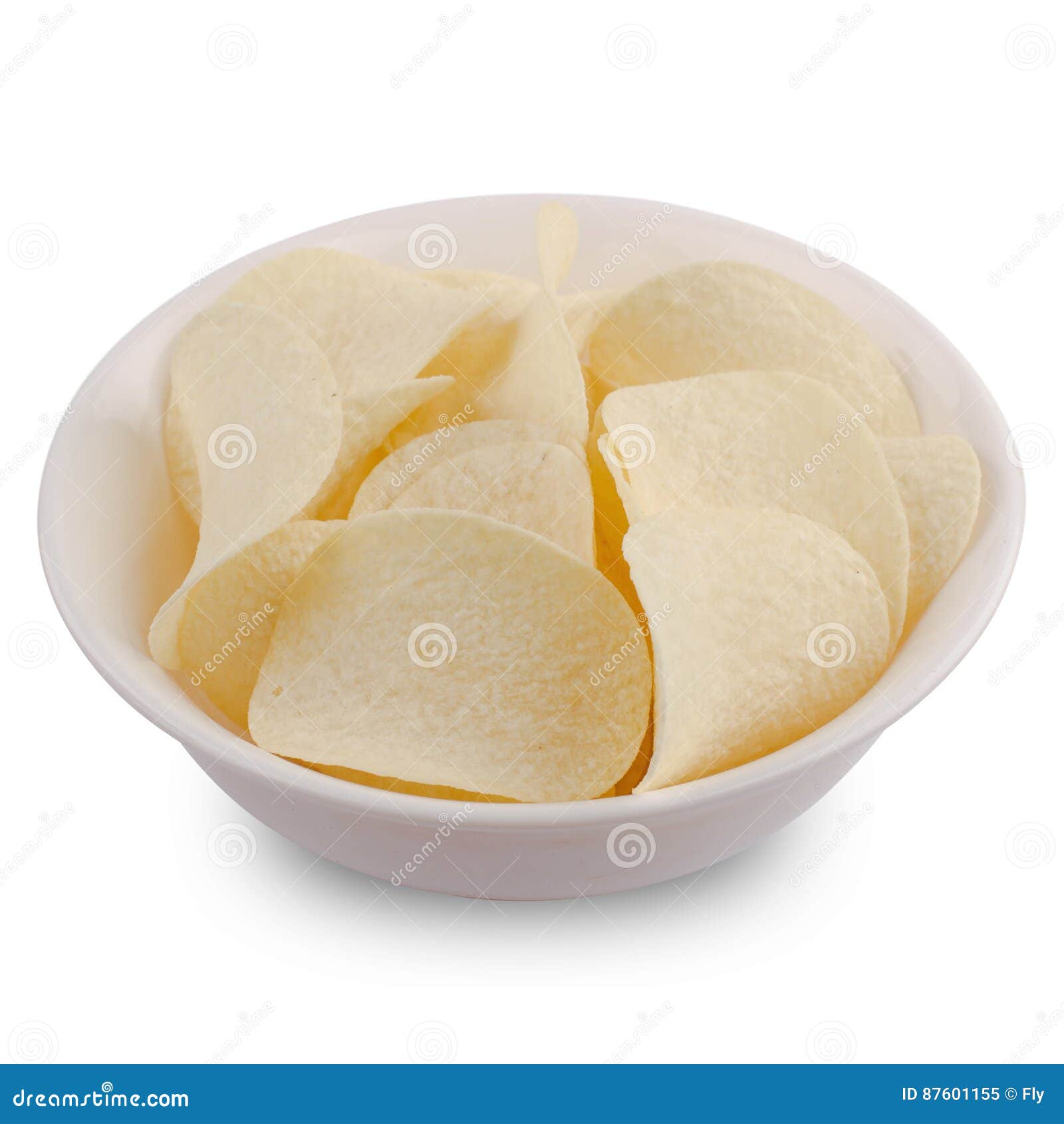 Side View of Potato Snacks in a White Bowl Isolated on White Stock ...