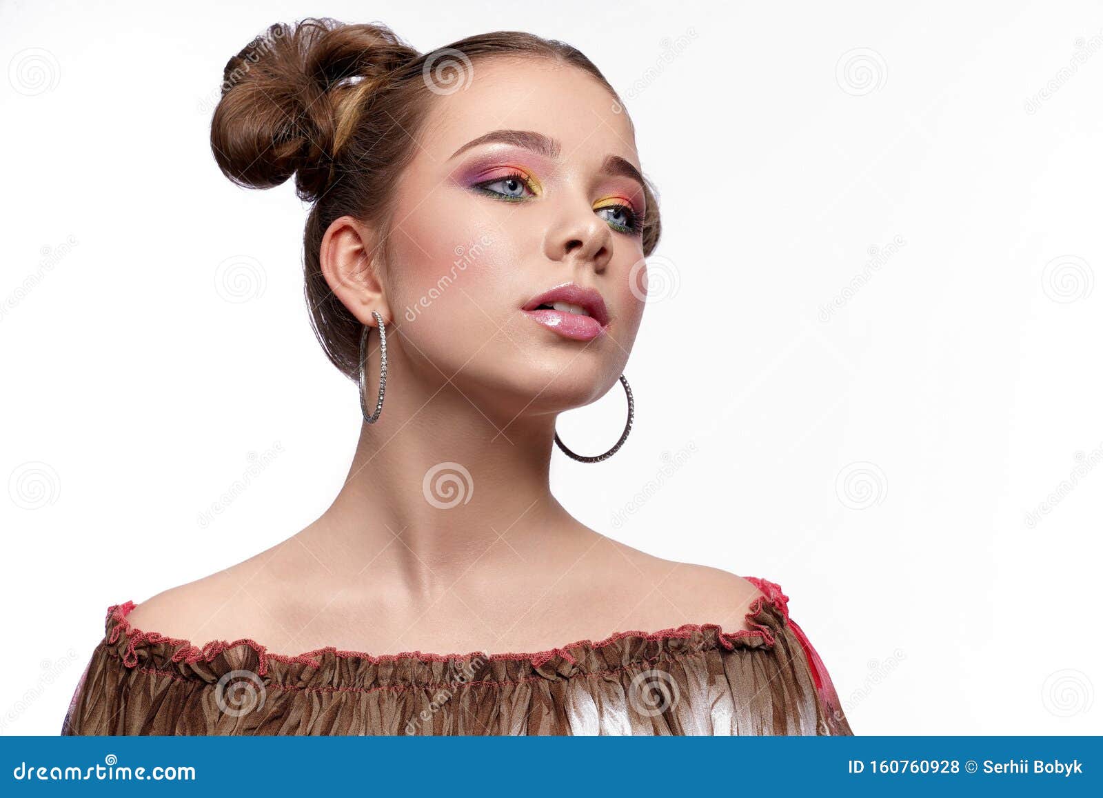 Side View of Pretty Model Showing Bright Makeup in Studio Stock Photo ...