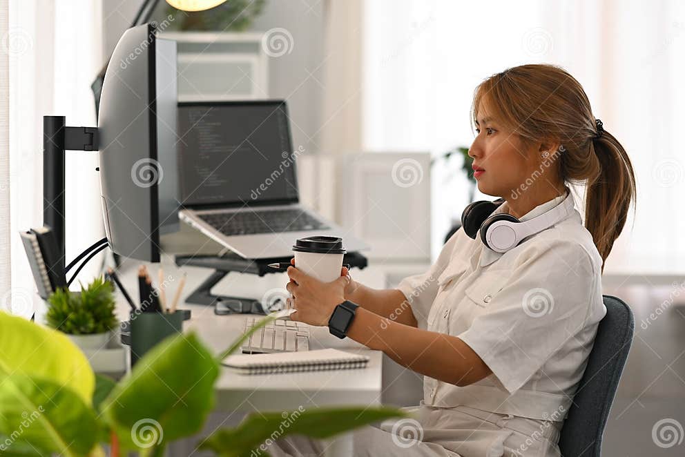 Side View of Professional Software Developer Working with Coded Data on ...