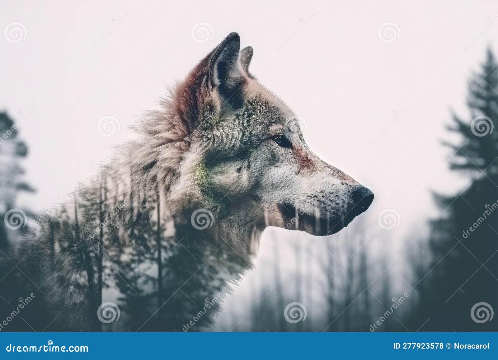 Side View Profile of Wolf Head Double Exposure with Forest Generative ...