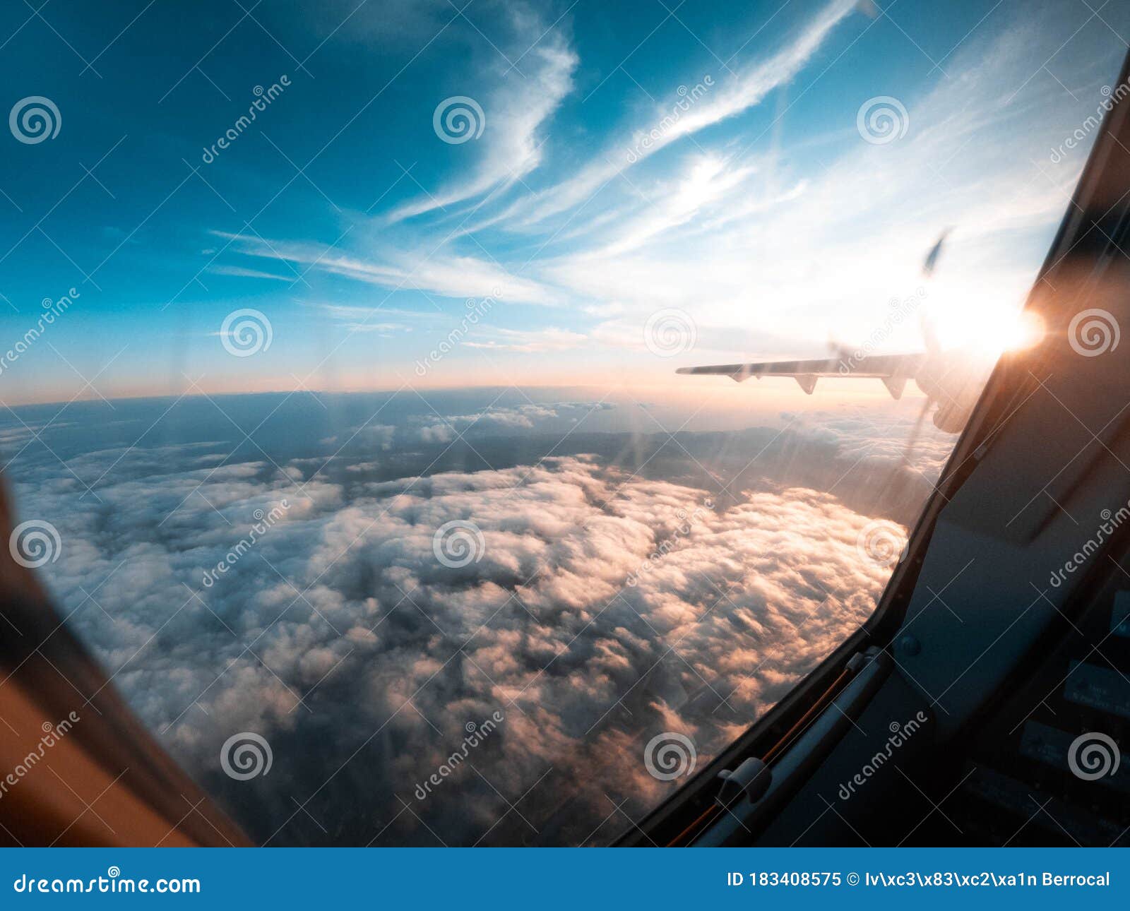 Side View of a Propeller Plane in Flight at Sunset Stock Image - Image ...