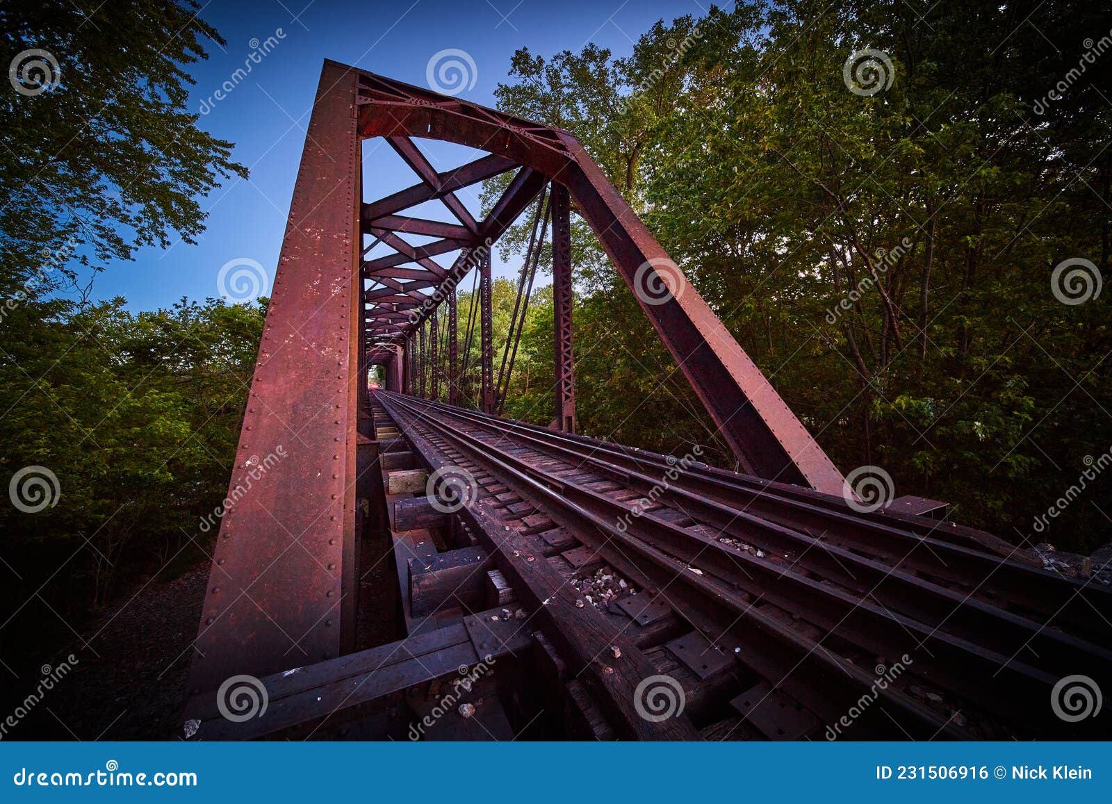 Side View of Purple Metal Bridge for Train Tracks in Forest Stock Photo ...