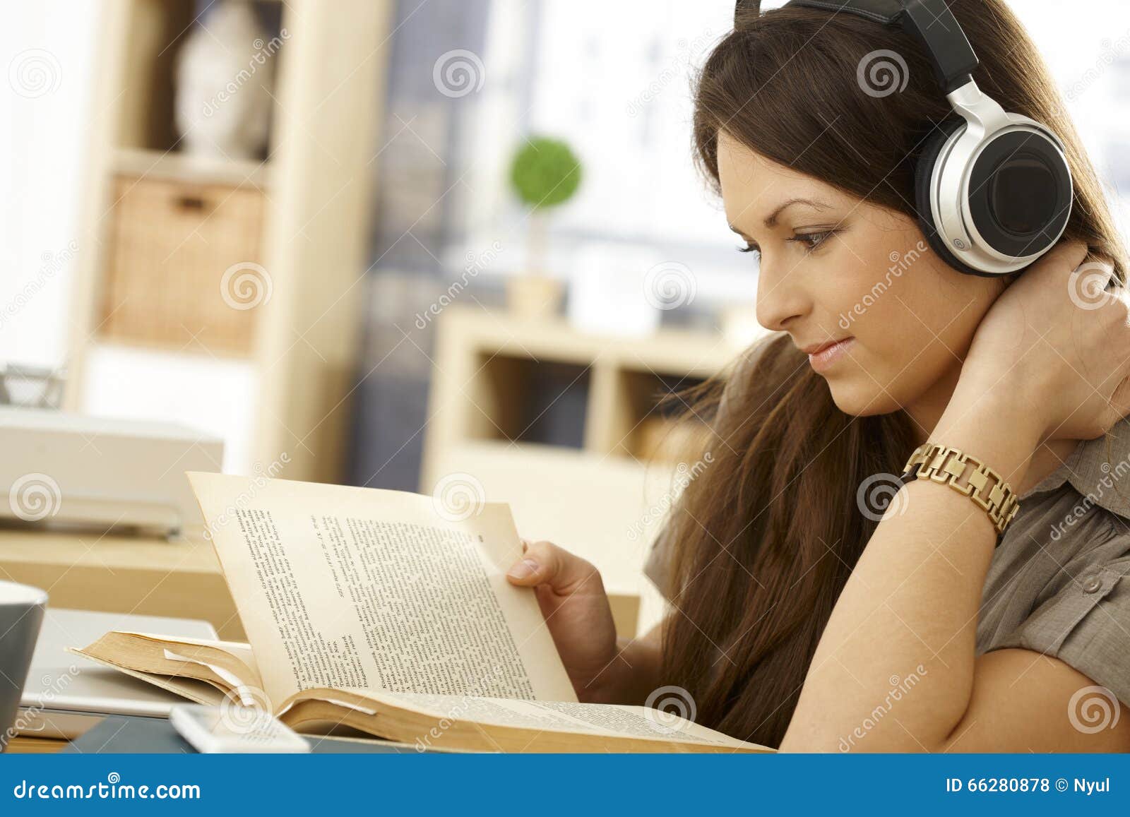 Side View of Reading Woman with Headphones Stock Photo - Image of ...