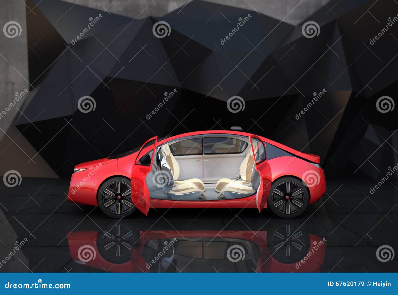 Side View of Red Autonomous Car in Front of Geometric Object Background ...