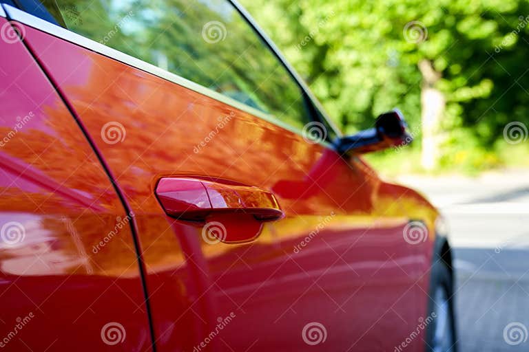 Side View of Red Car with Handle Stock Photo - Image of door ...