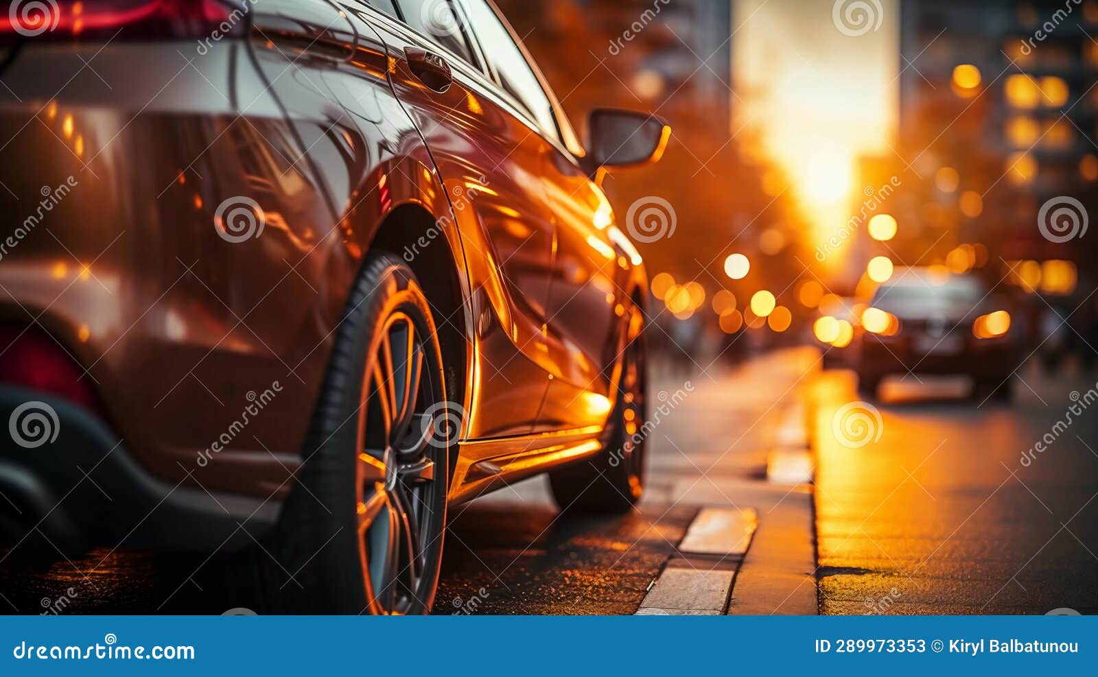 Side View of a Red Car at Sunset in the City Stock Illustration ...