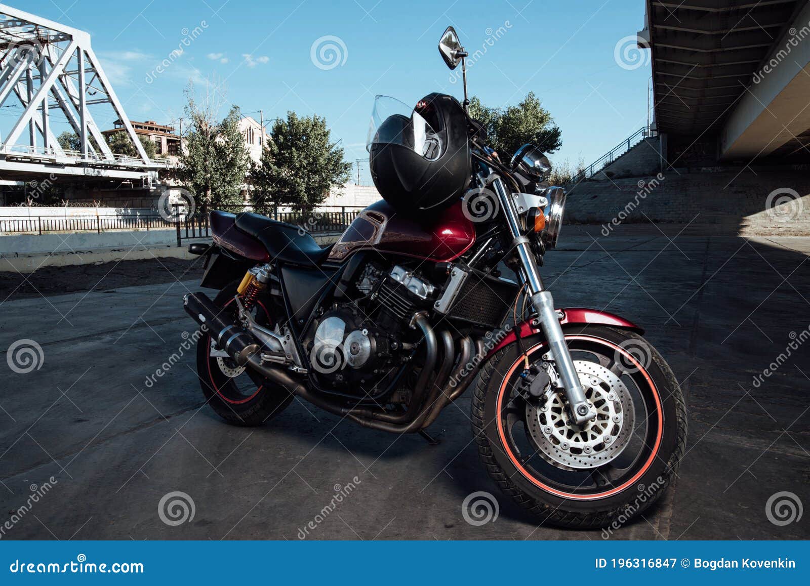 Side View of a Red Motorcycle Stock Image - Image of helmet, dark ...