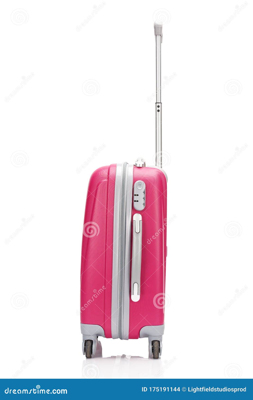 Side View of Red Plastic Wheeled Suitcase with Handle Isolated on White ...