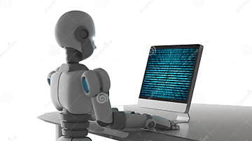 Side View of Robot Using a Computer with Binary Data Number Code Stock Illustration ...