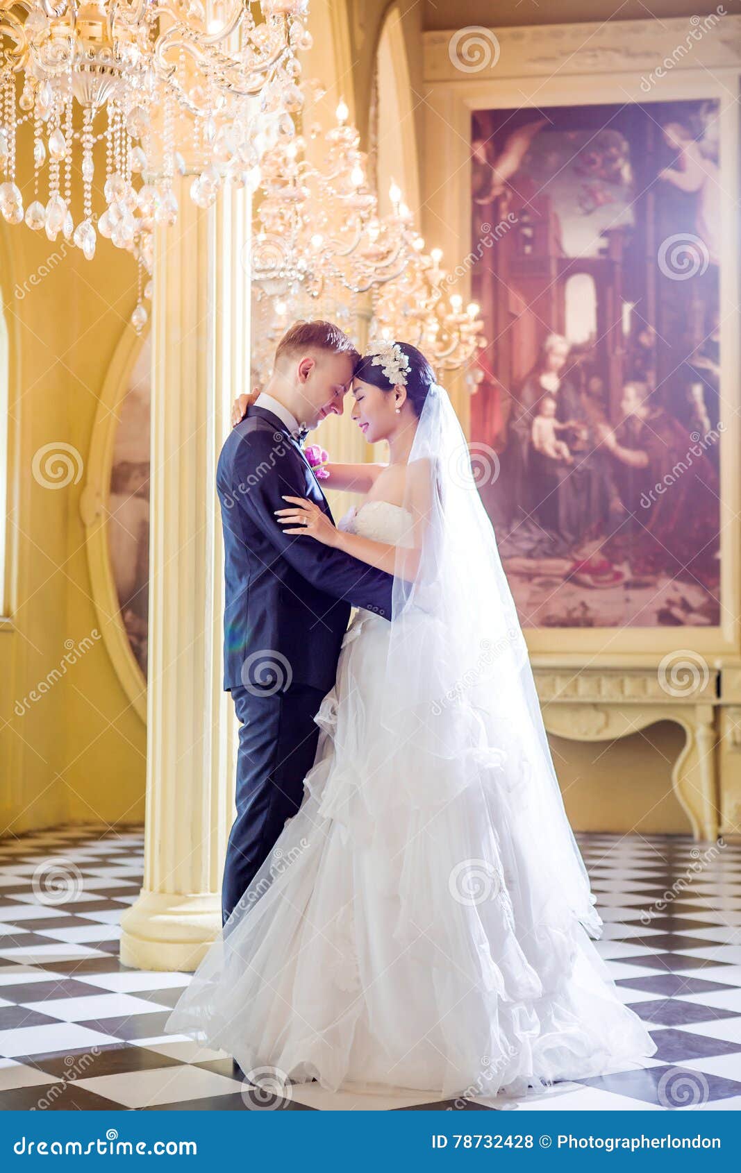 Side View of Romantic Wedding Couple Standing in Church Stock Photo ...