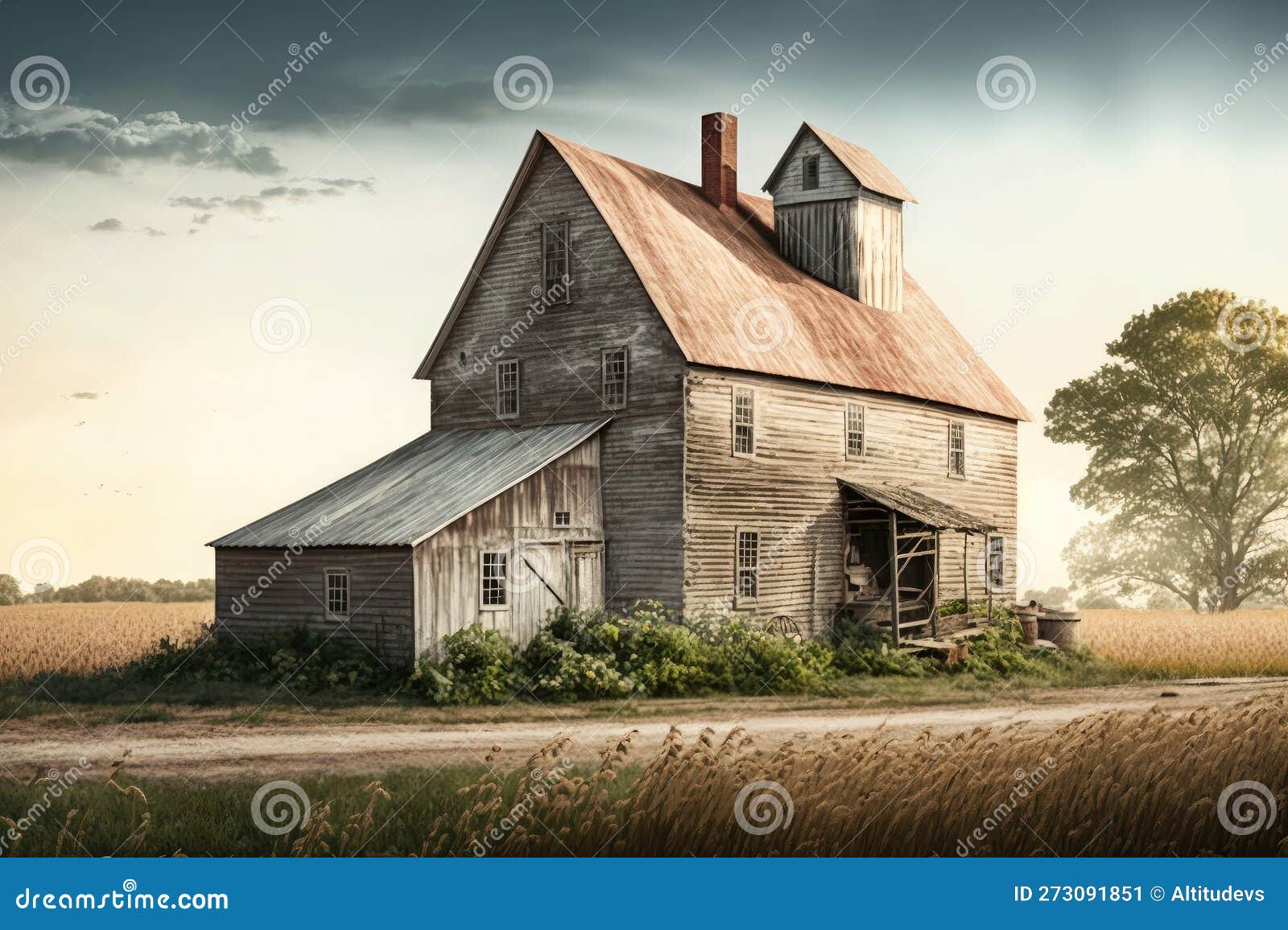 Side View of Rustic Farmhouse, with Barn and Fields in the Background ...