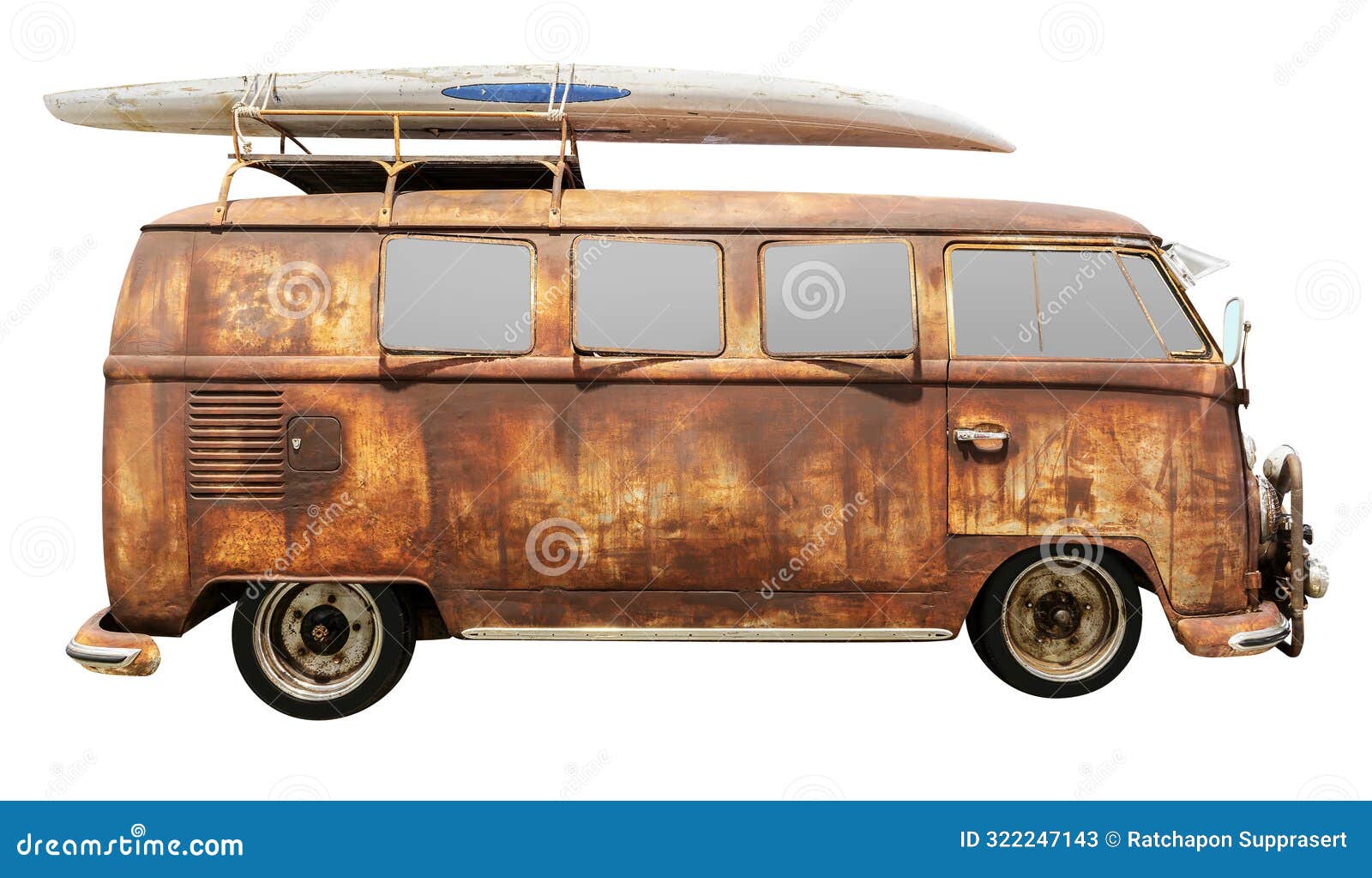 Side View Rusty Old Van with Surfboard on Rack Isolated on White ...