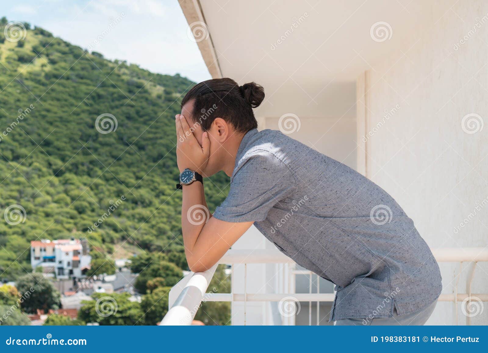 Side View of a Sad Man on a Balcony Stock Image - Image of domestic ...