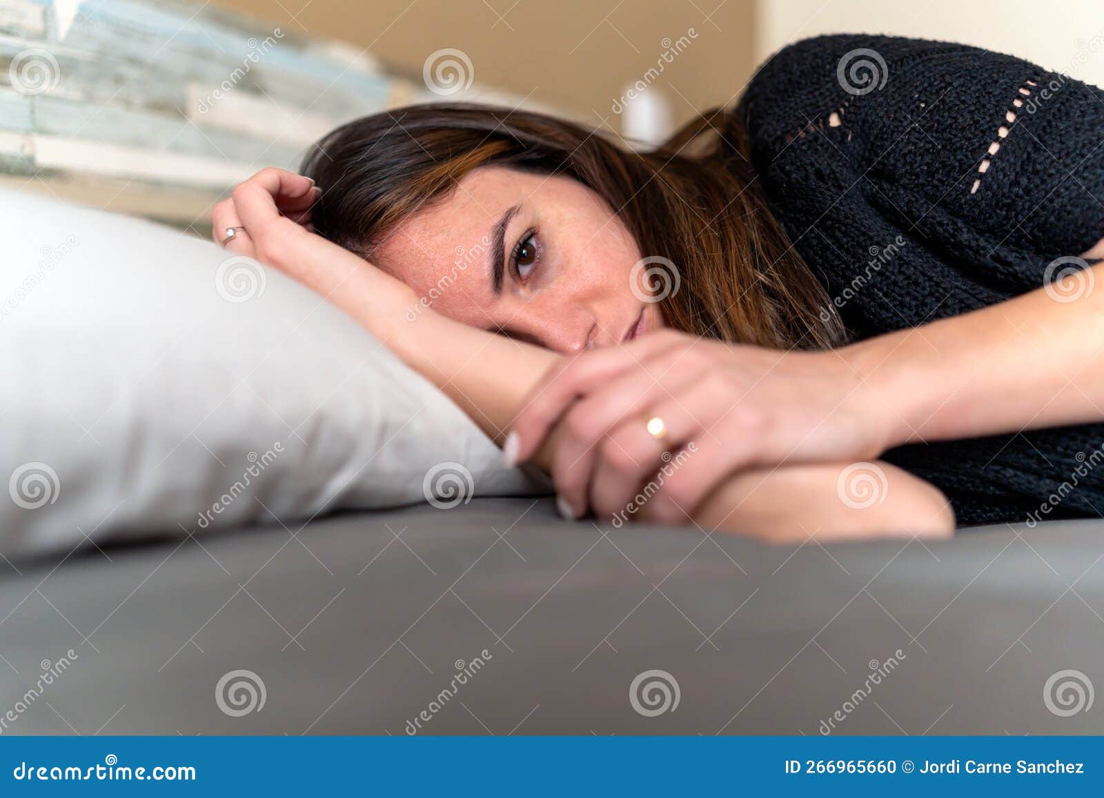 Side View of a Sad Woman Lying in Bed Sick with Depression Stock Photo ...