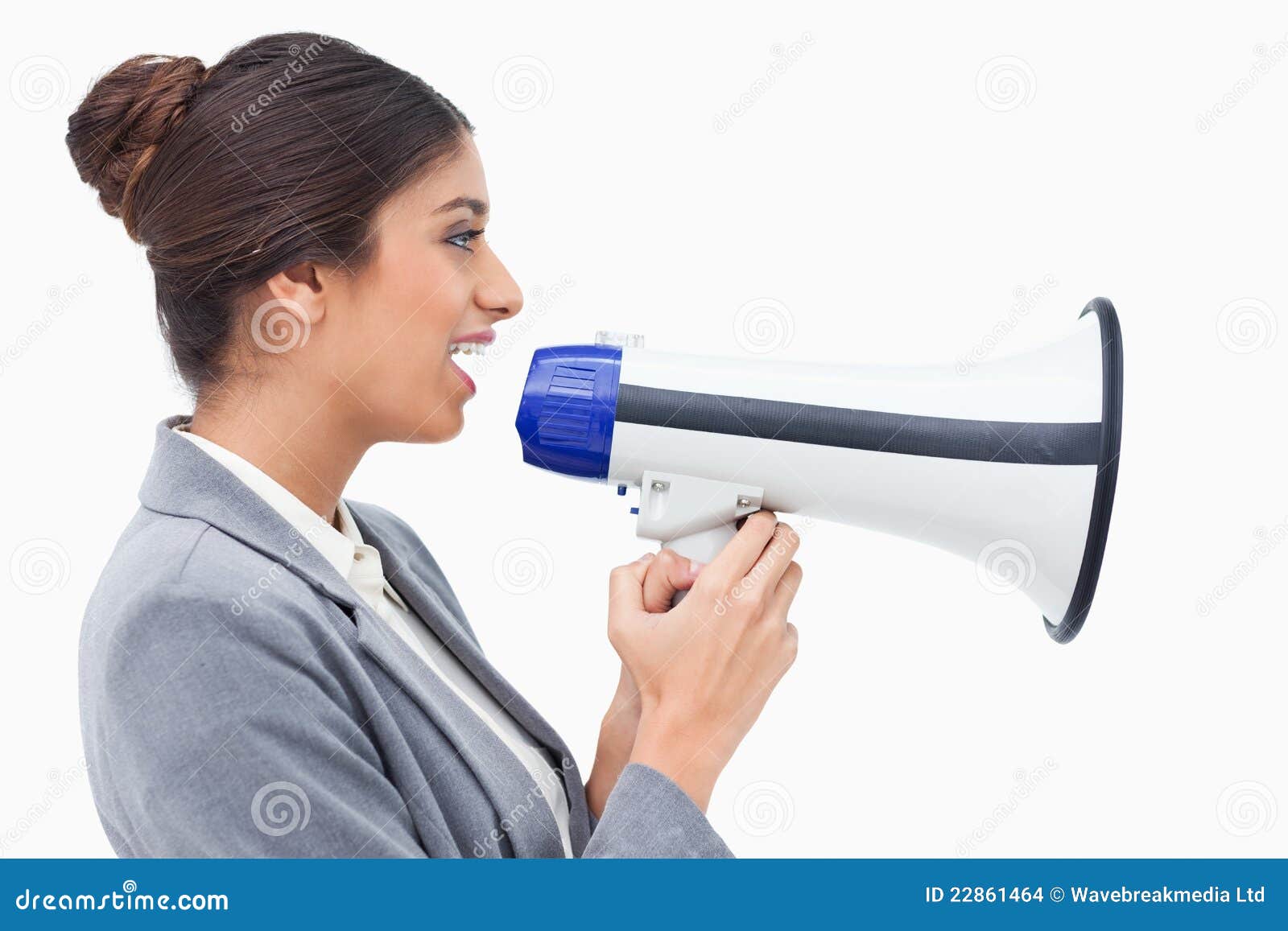 Young Woman Megaphone Side View Isolated White Background Stock Photos ...