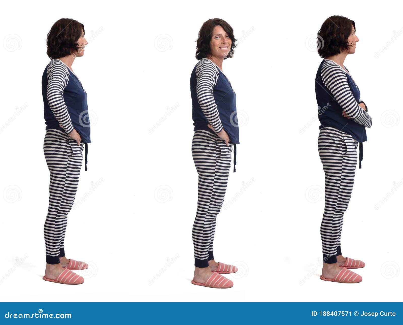Side View of a Same Woman in Pajamas on White Background Stock Image ...