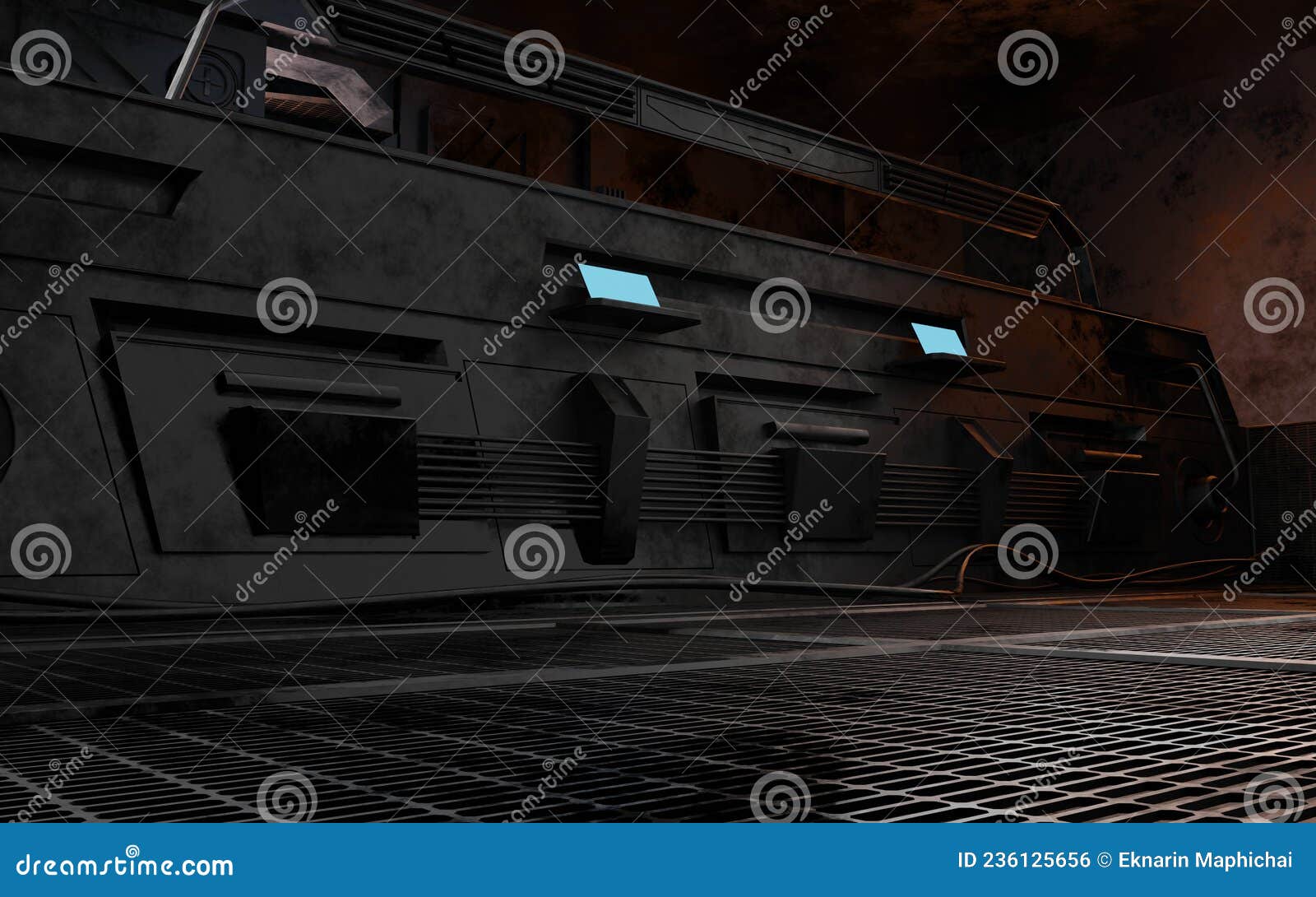 Side View Sci-fi Control Room Interior in Dark Scene Stock Illustration ...