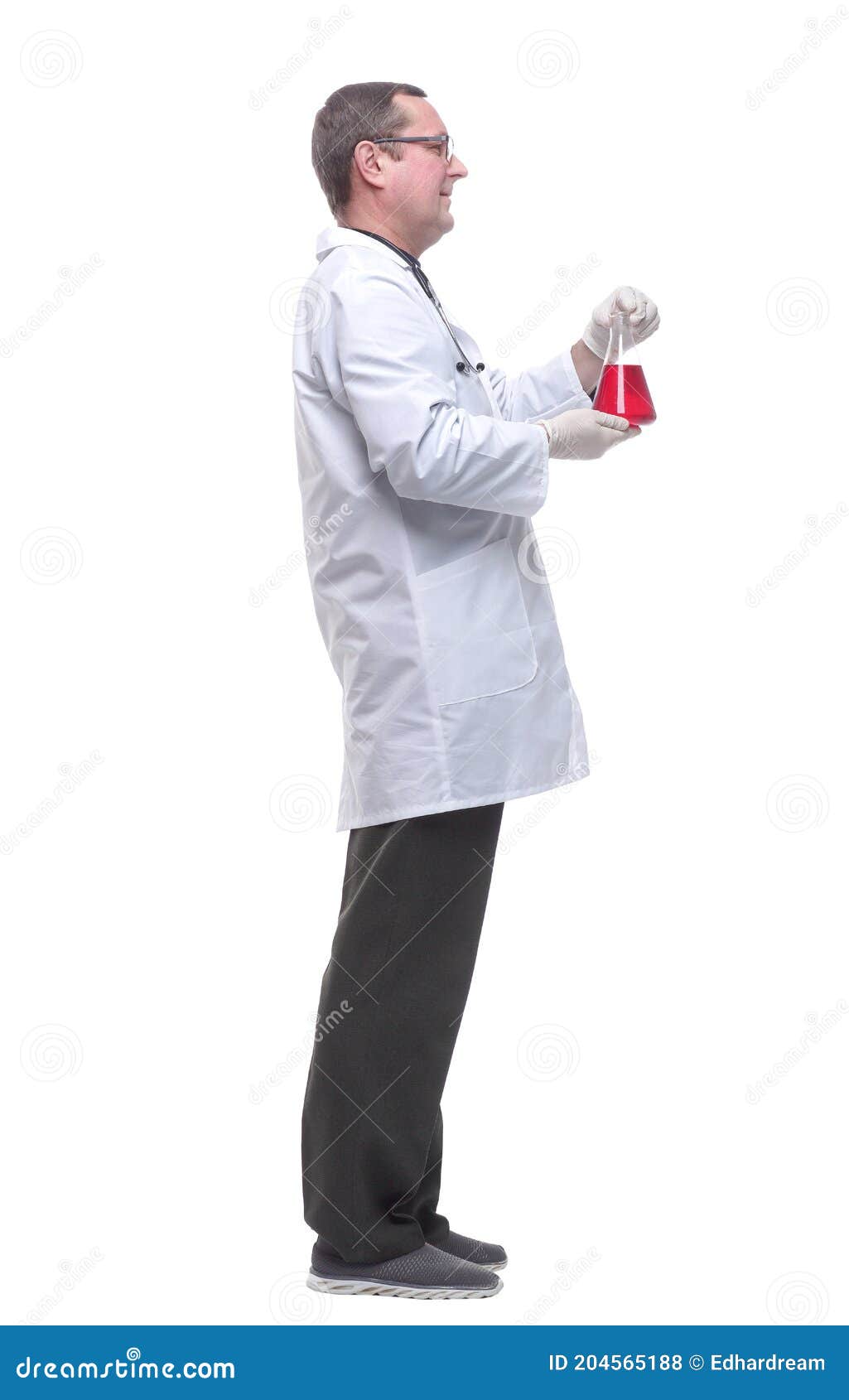 Side View. Scientist Looking at a Liquid in a Laboratory Flask Stock ...