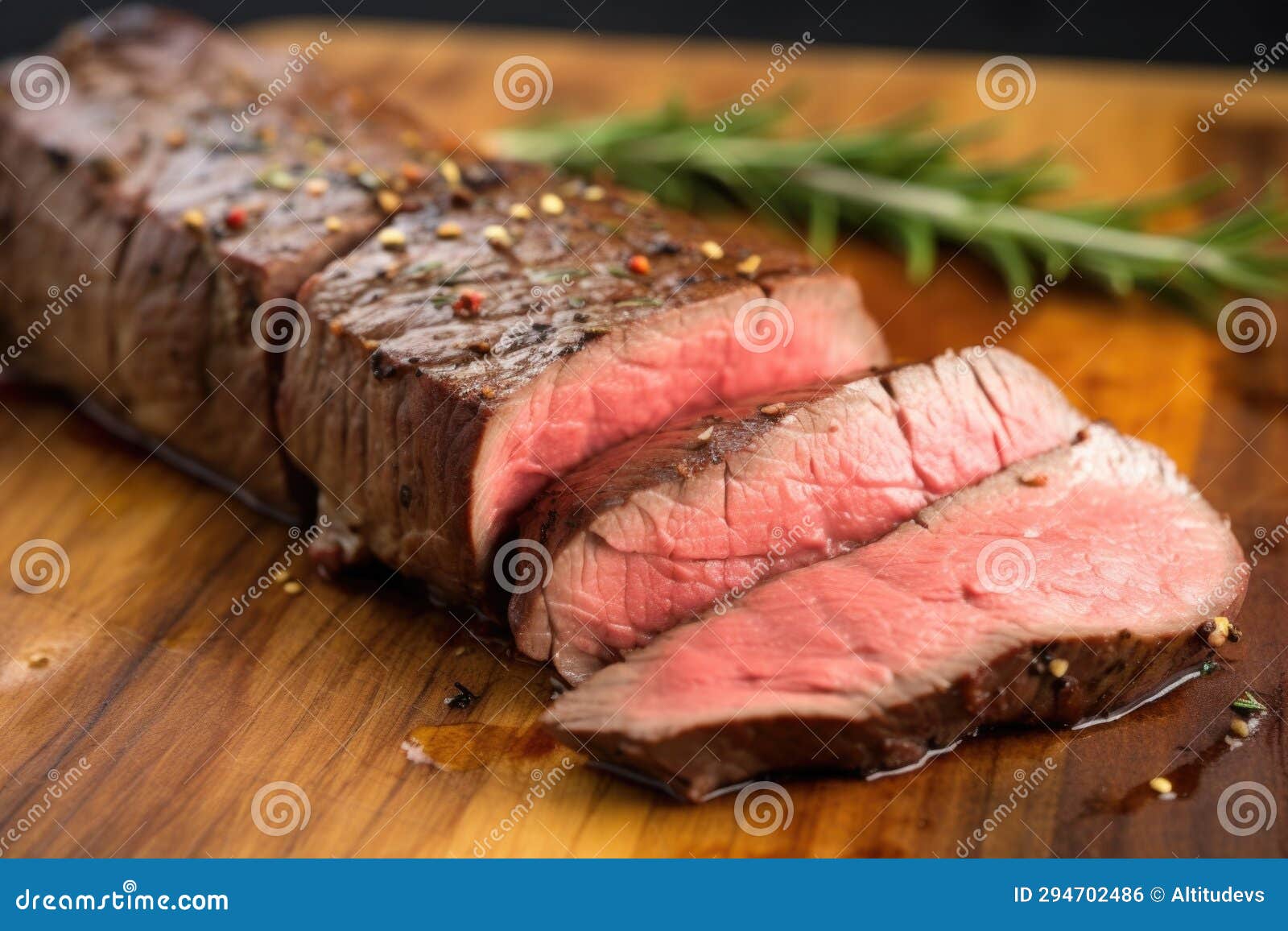 Side View of Seared Steak Split To Show Internal Doneness Stock ...