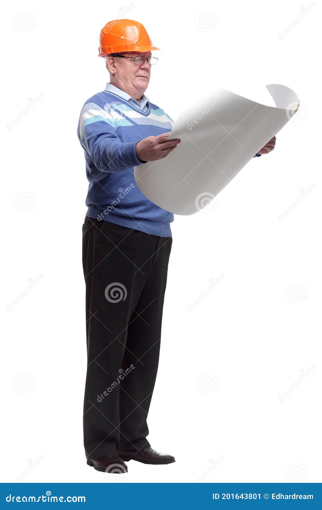 Side View. Senior Engineer with Drawings Pointing at the White Screen ...