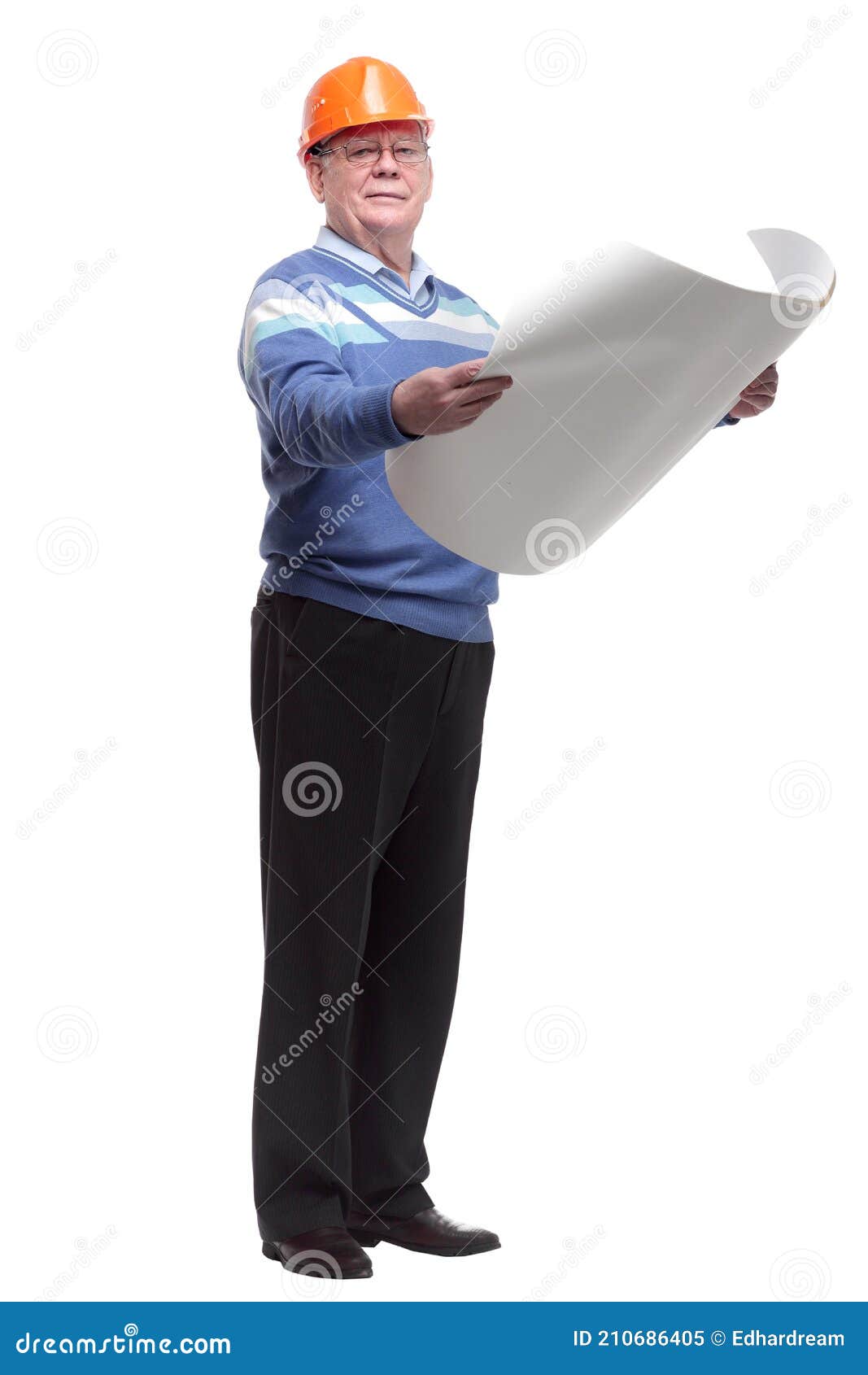 Side View. Senior Engineer with Drawings Pointing at the White Screen ...