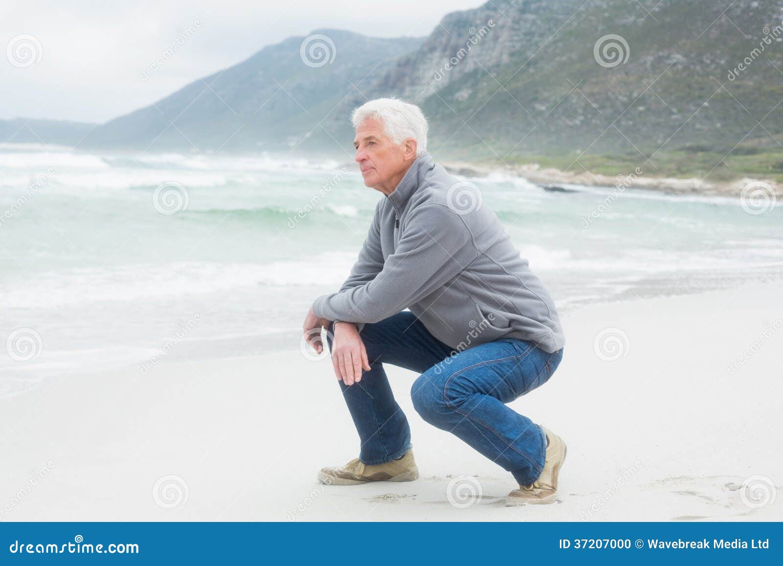 Side View of a Senior Man Relaxing at Beach Stock Photo - Image of cold ...