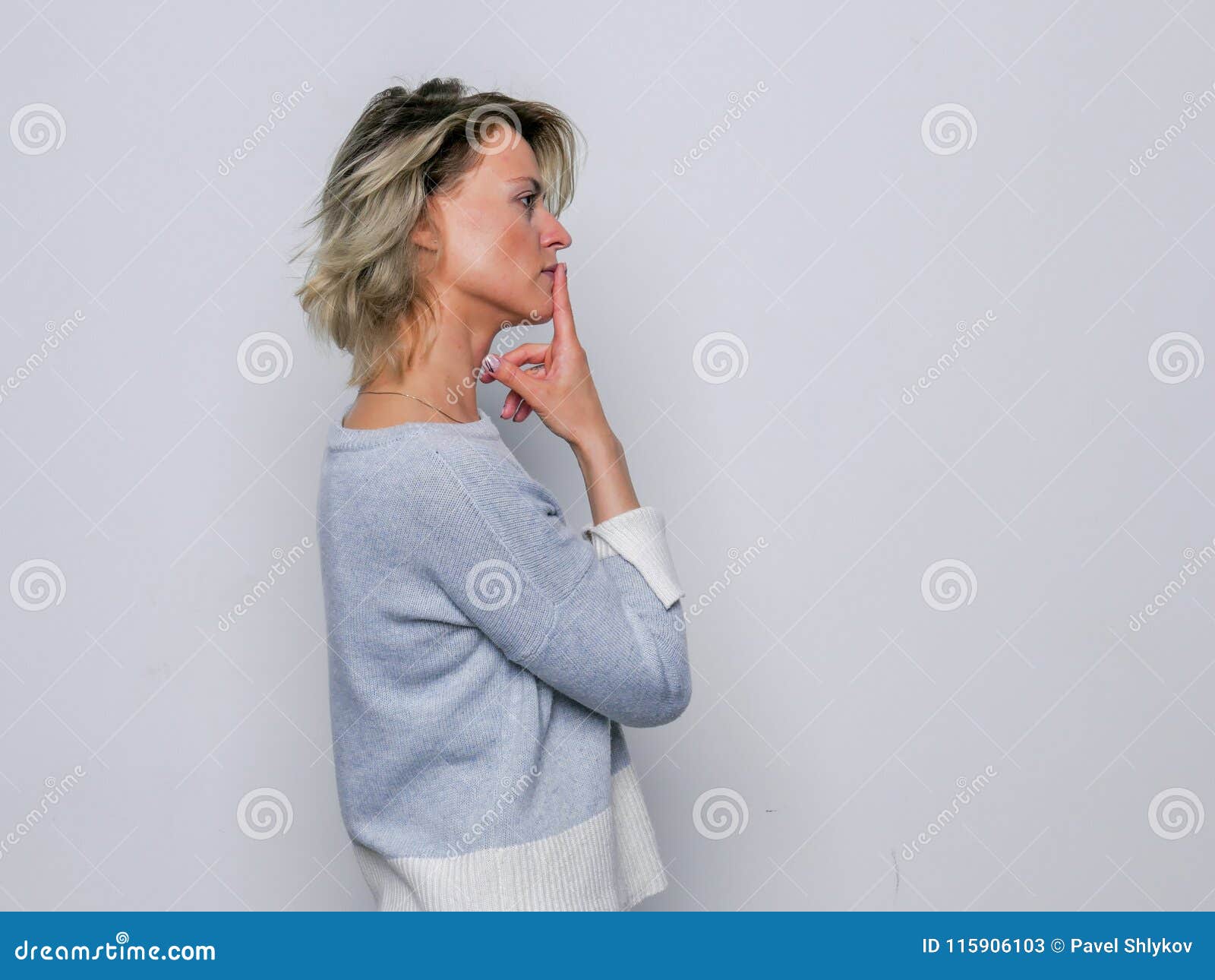 Side View Sequence of a Woman Thinking. Stock Image - Image of question ...