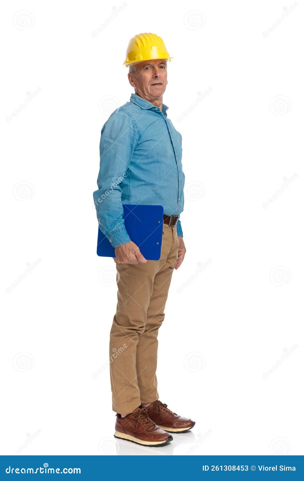 Side View of Serious Old Engineer in His 60s with Yellow Safety Hat ...