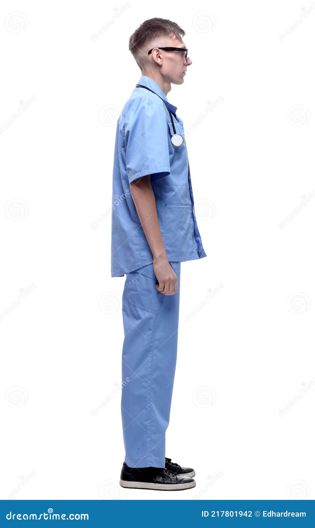 Side View. Serious Paramedic with a Stethoscope Looking at a White ...