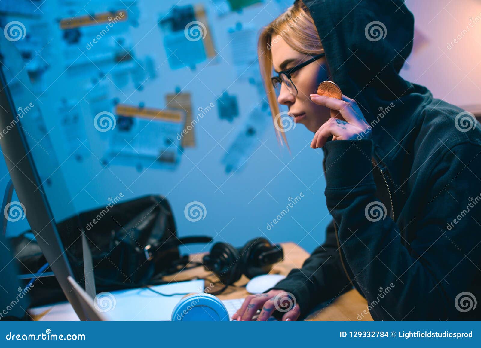 Side View of Serious Young Female Hacker Editorial Stock Image - Image ...