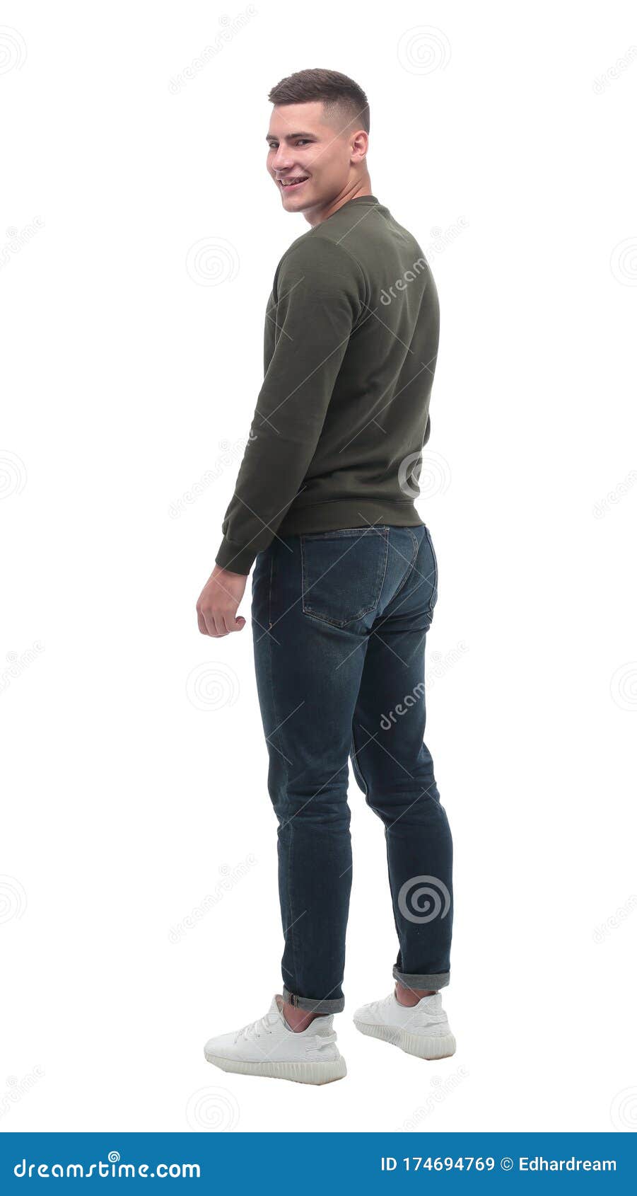 Side View. Serious Young Man Looking at Blank White Screen Stock Image ...