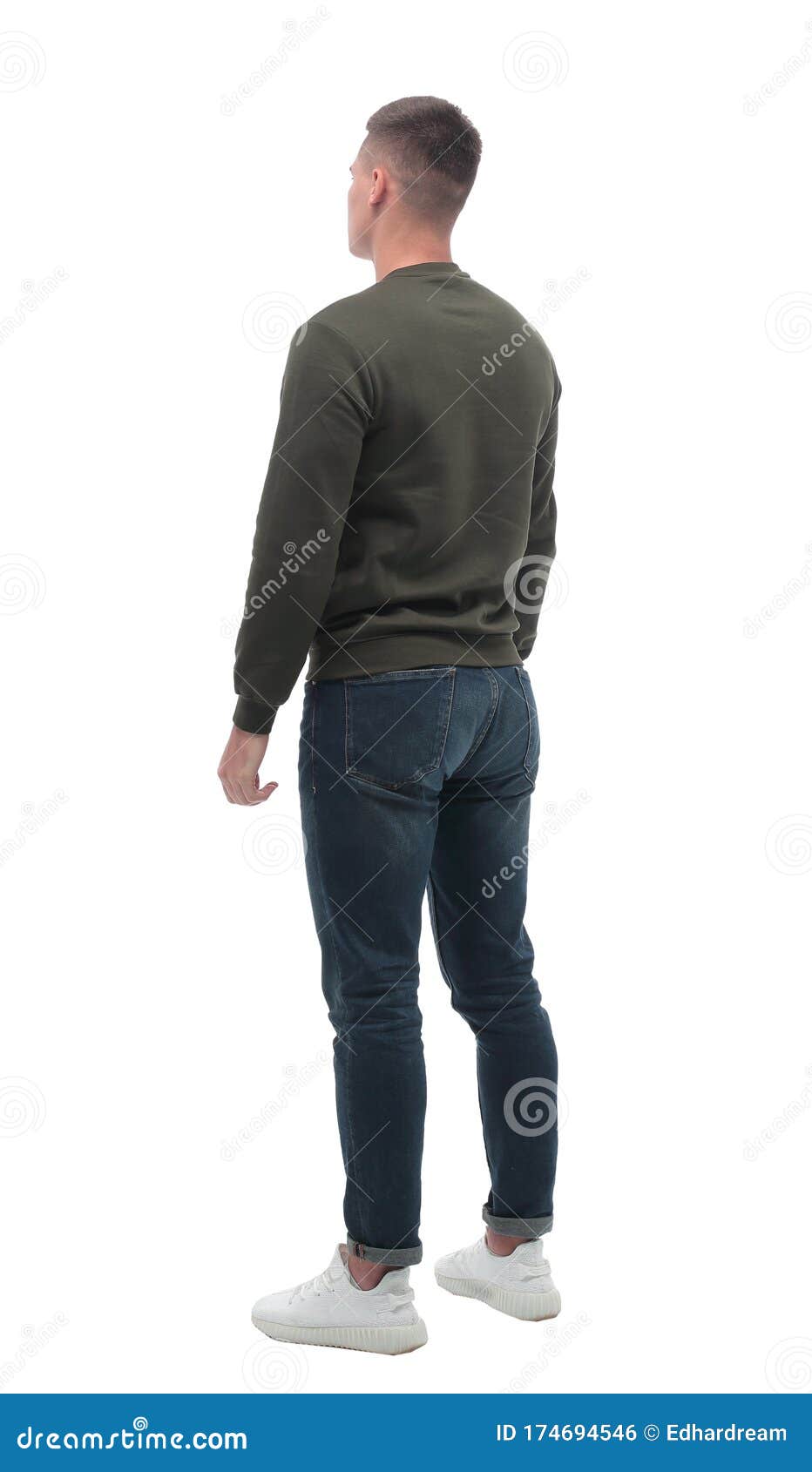 Side View. Serious Young Man Looking at Blank White Screen Stock Photo ...