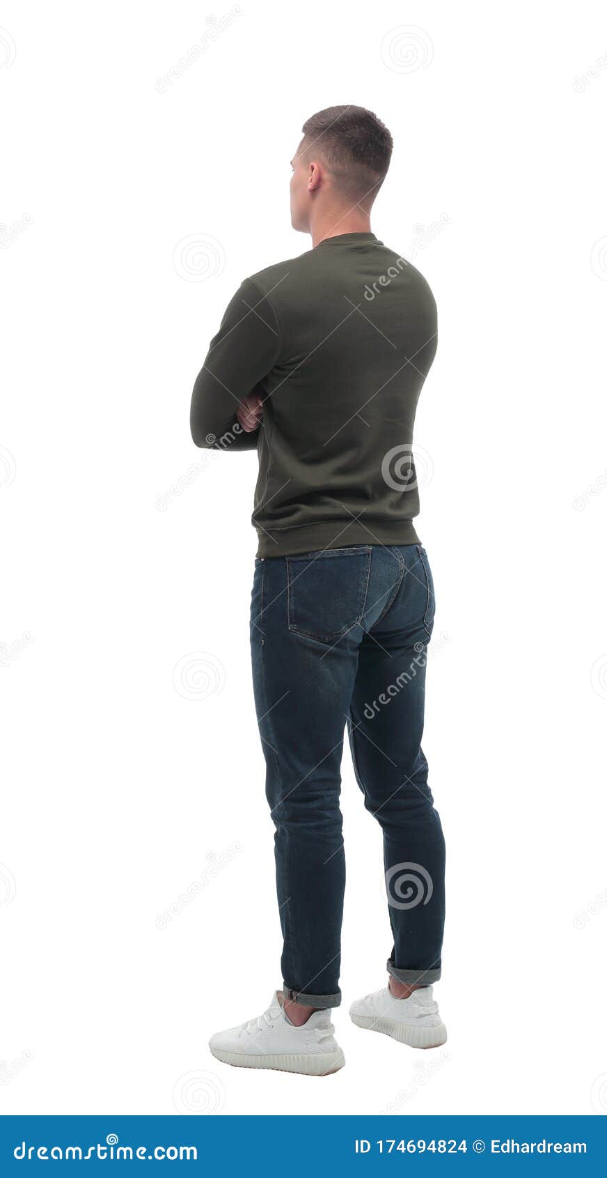 Side View. Serious Young Man Looking at Blank White Screen Stock Photo ...