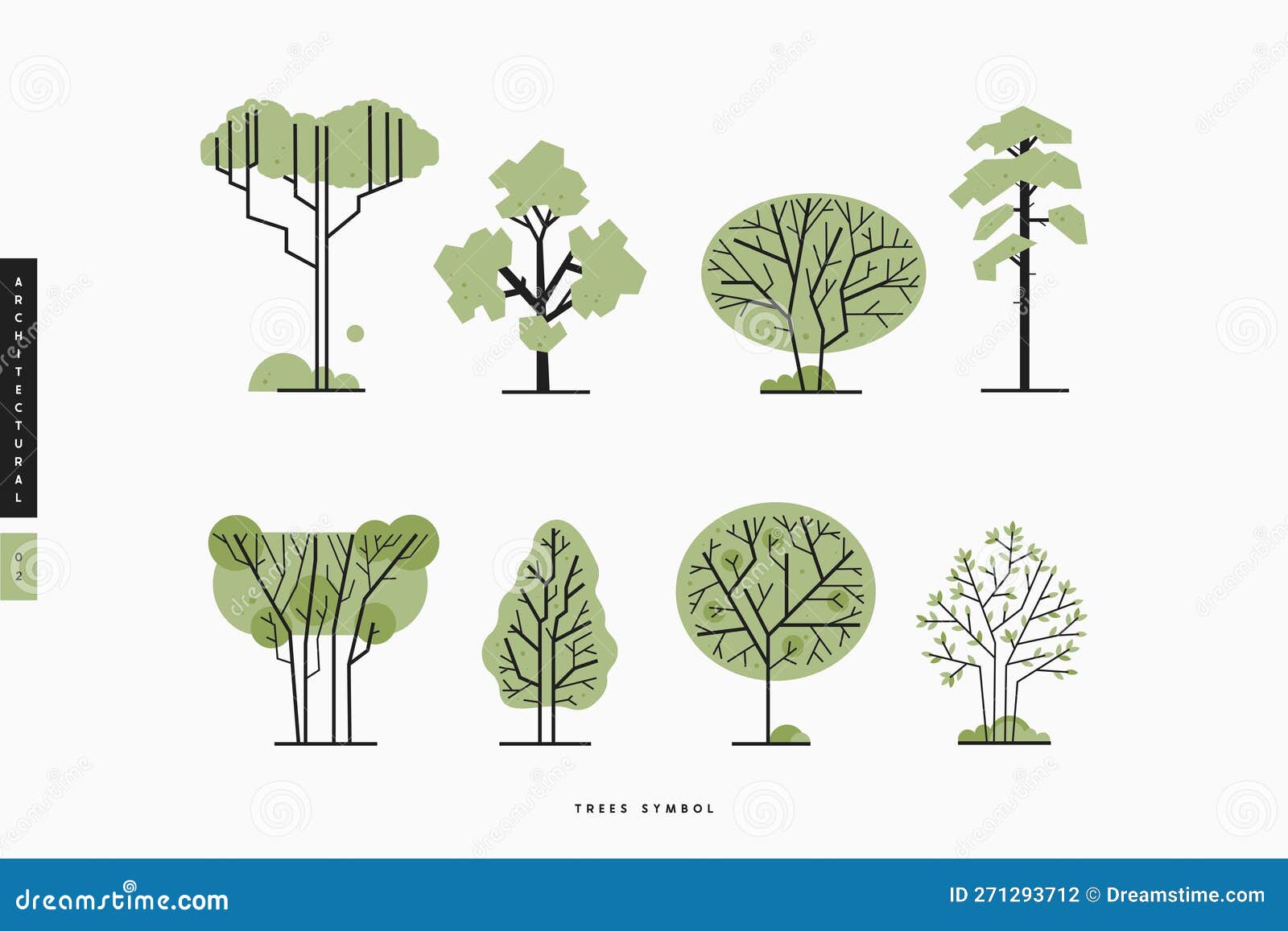 Side View Set Of Green Graphics Trees Elements Outline Symbol For Architecture And Landscape