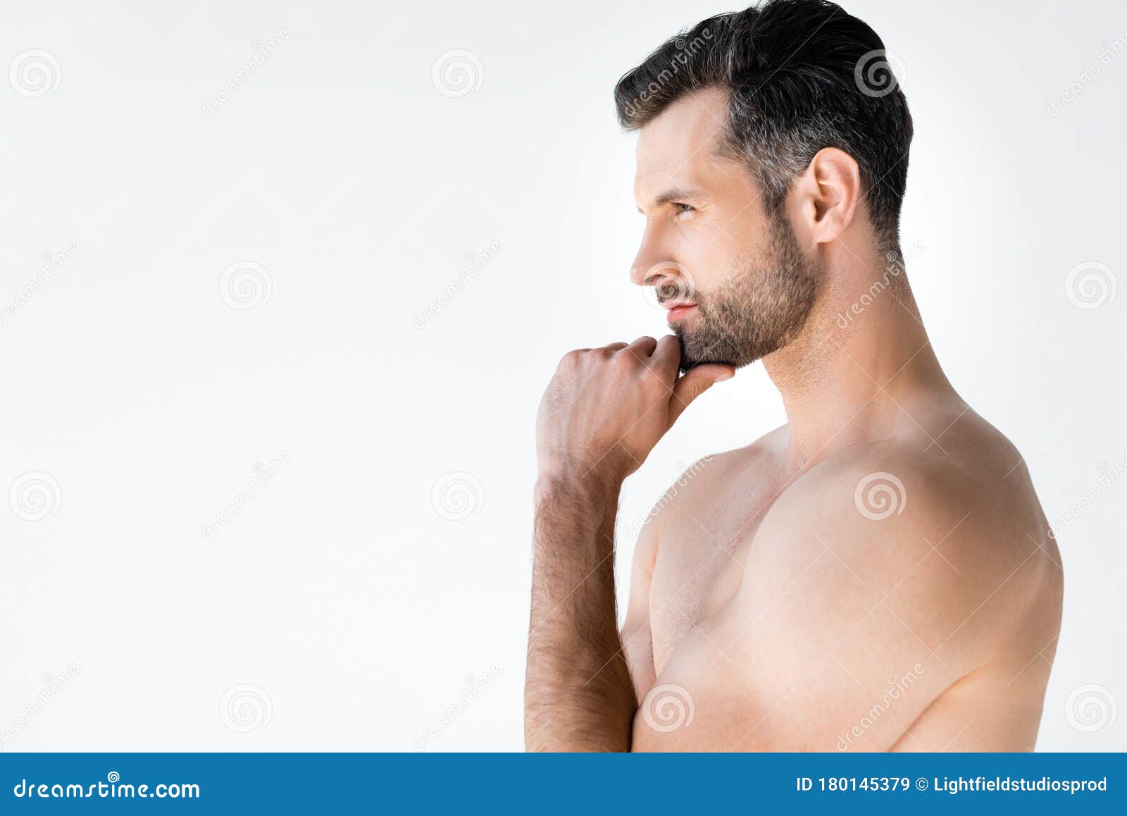 Side View of Shirtless Man Thinking and Touching Face Stock Image ...