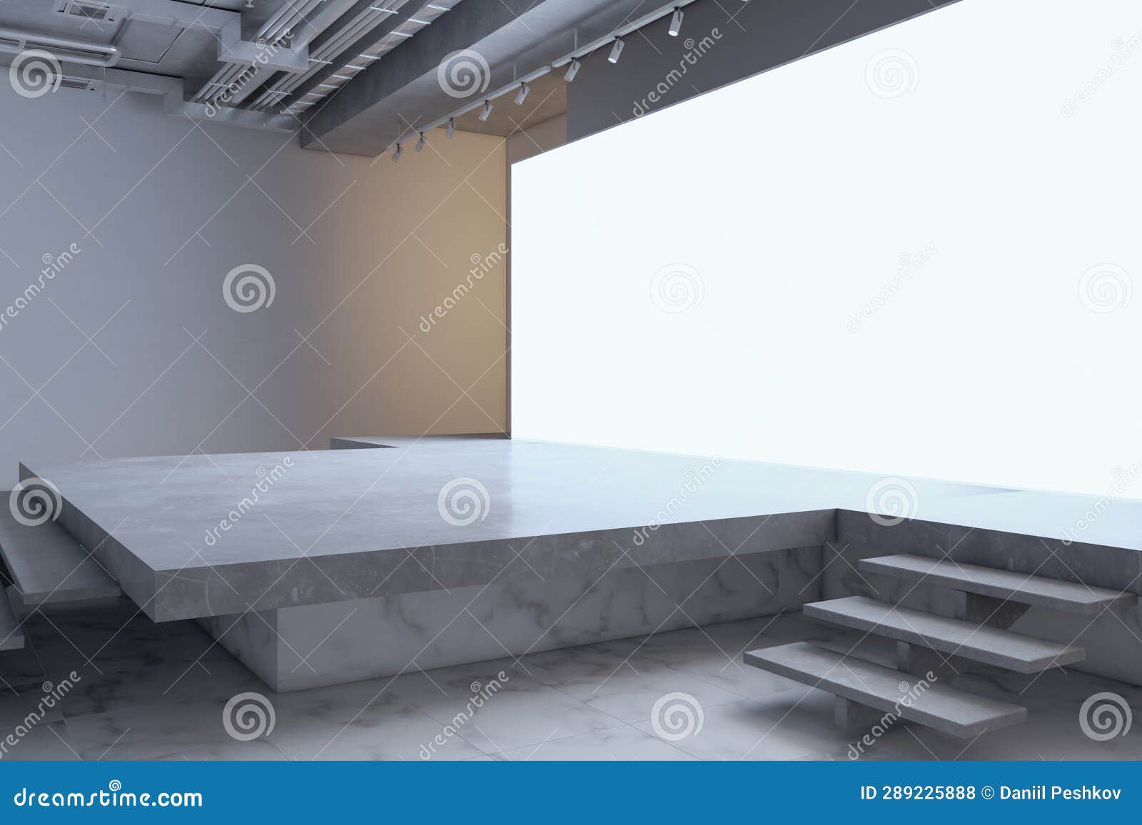 Side View of Simple Luxury Auditorium with Stage and Blank White Mock ...