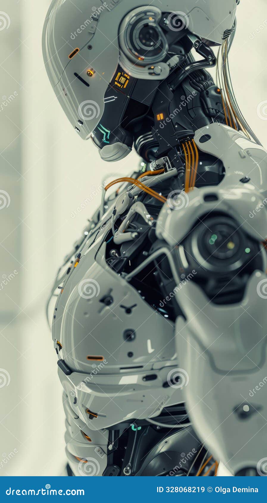 Side View of a Sleek, White Robotic Figure with Intricate Mechanical ...