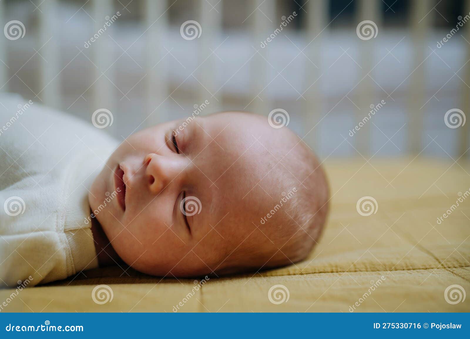 Side View of Sleeping Baby in Little Bed. Stock Photo - Image of dream ...