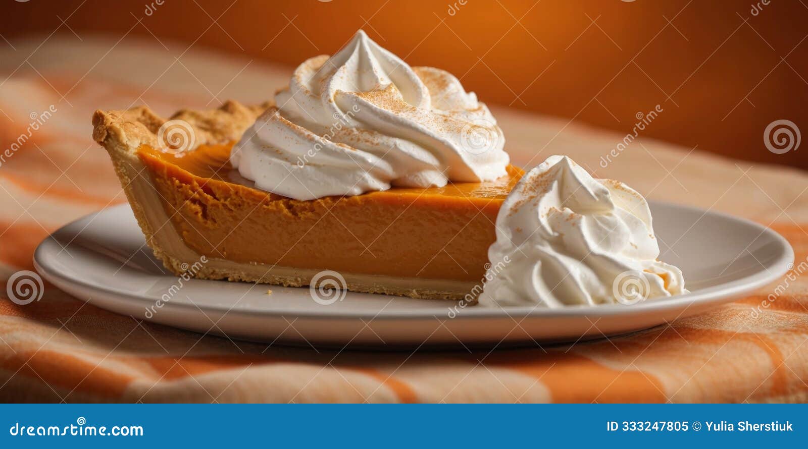 Side View of Slice of Pumpkin Pie with Whipped Cream on Orange ...