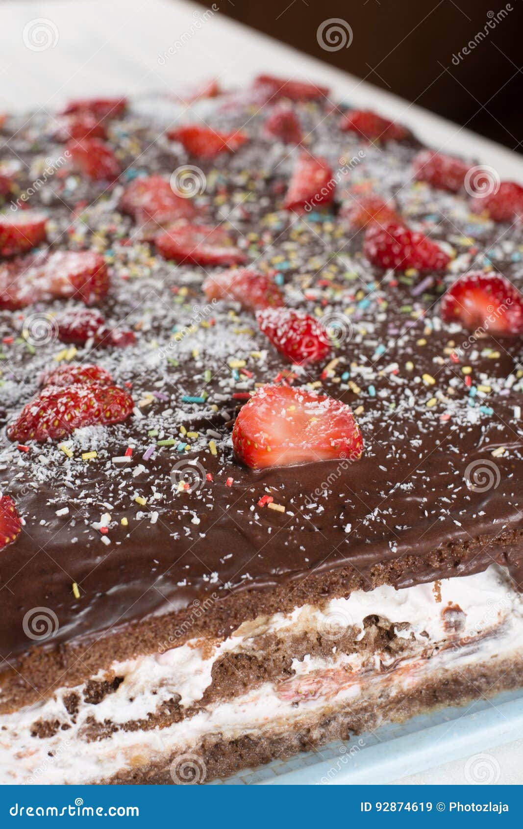 Side View of Sliced Chocolate Cake with Fresh Strawberries. Stock Image ...